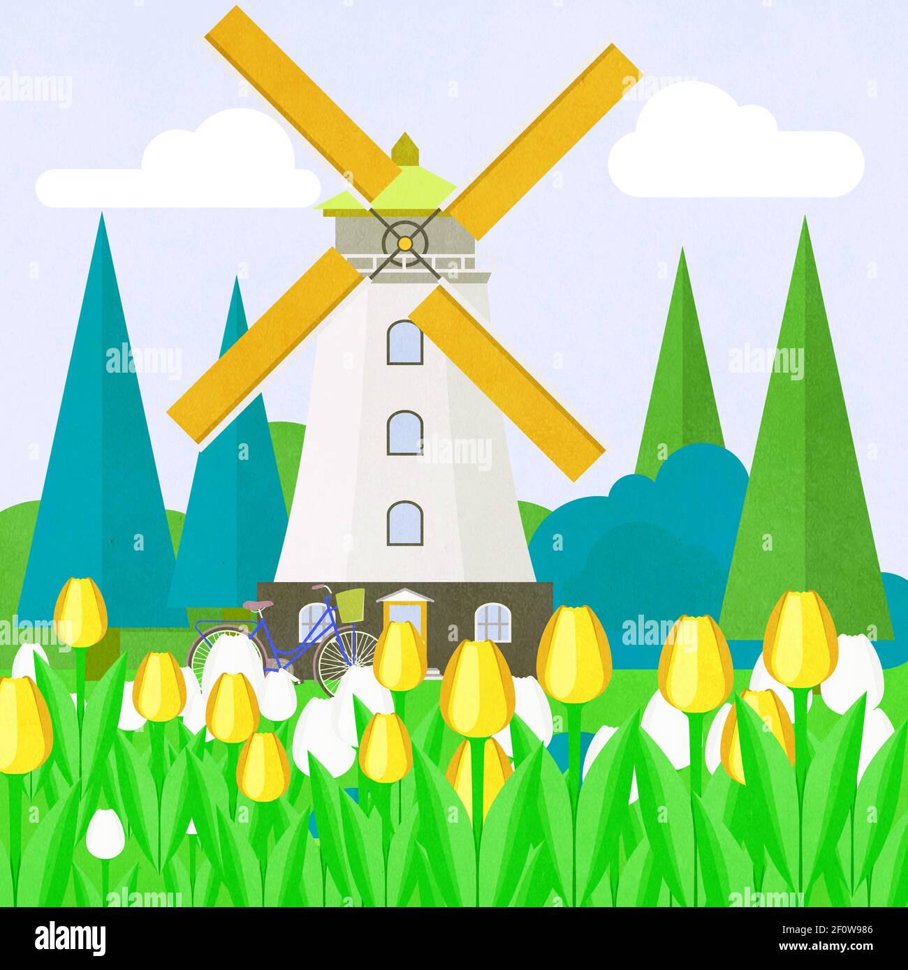 Vector digital illustration of an agricultural landscape with a flour ...