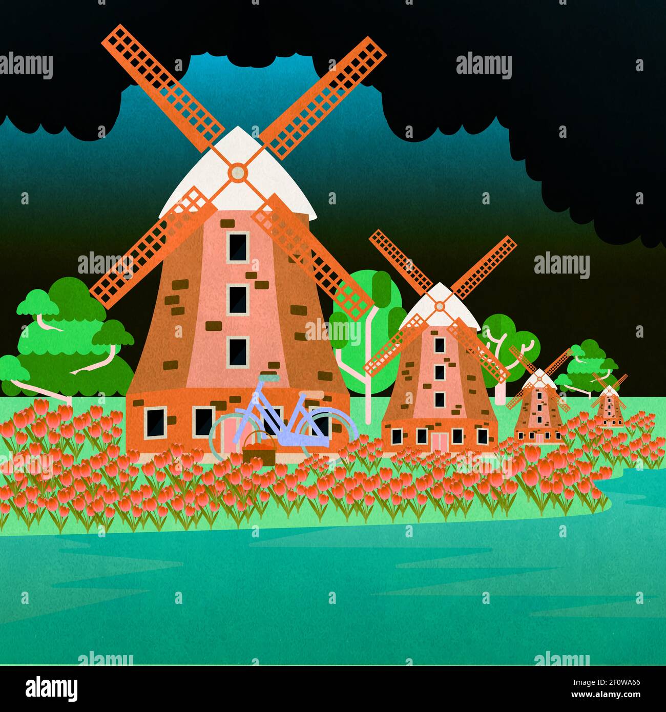 Vector digital illustration of an agricultural landscape with a flour ...