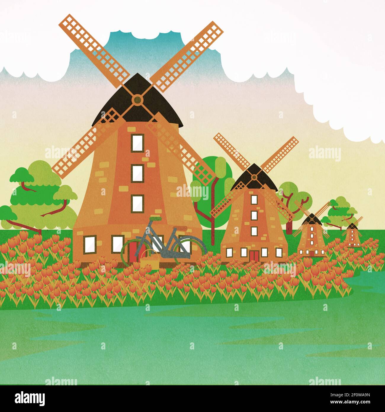 Vector digital illustration of an agricultural landscape with a flour ...