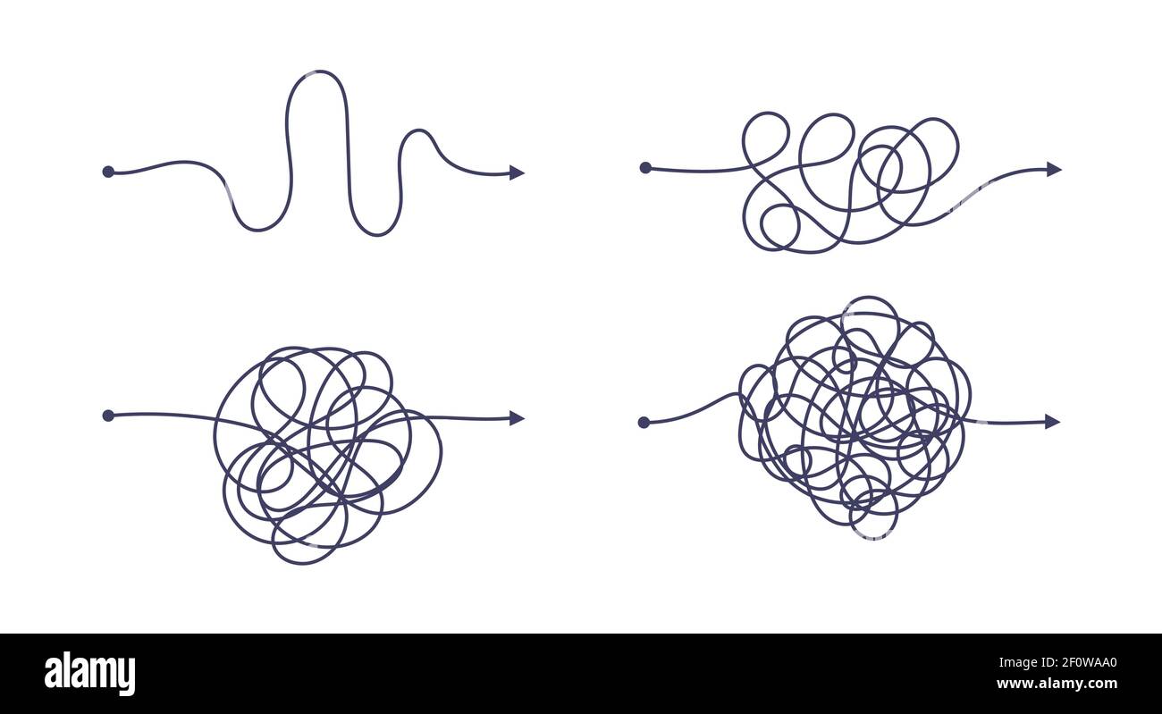 Complex and easy simple way from start to end vector illustration set. Chaos simplifying ...