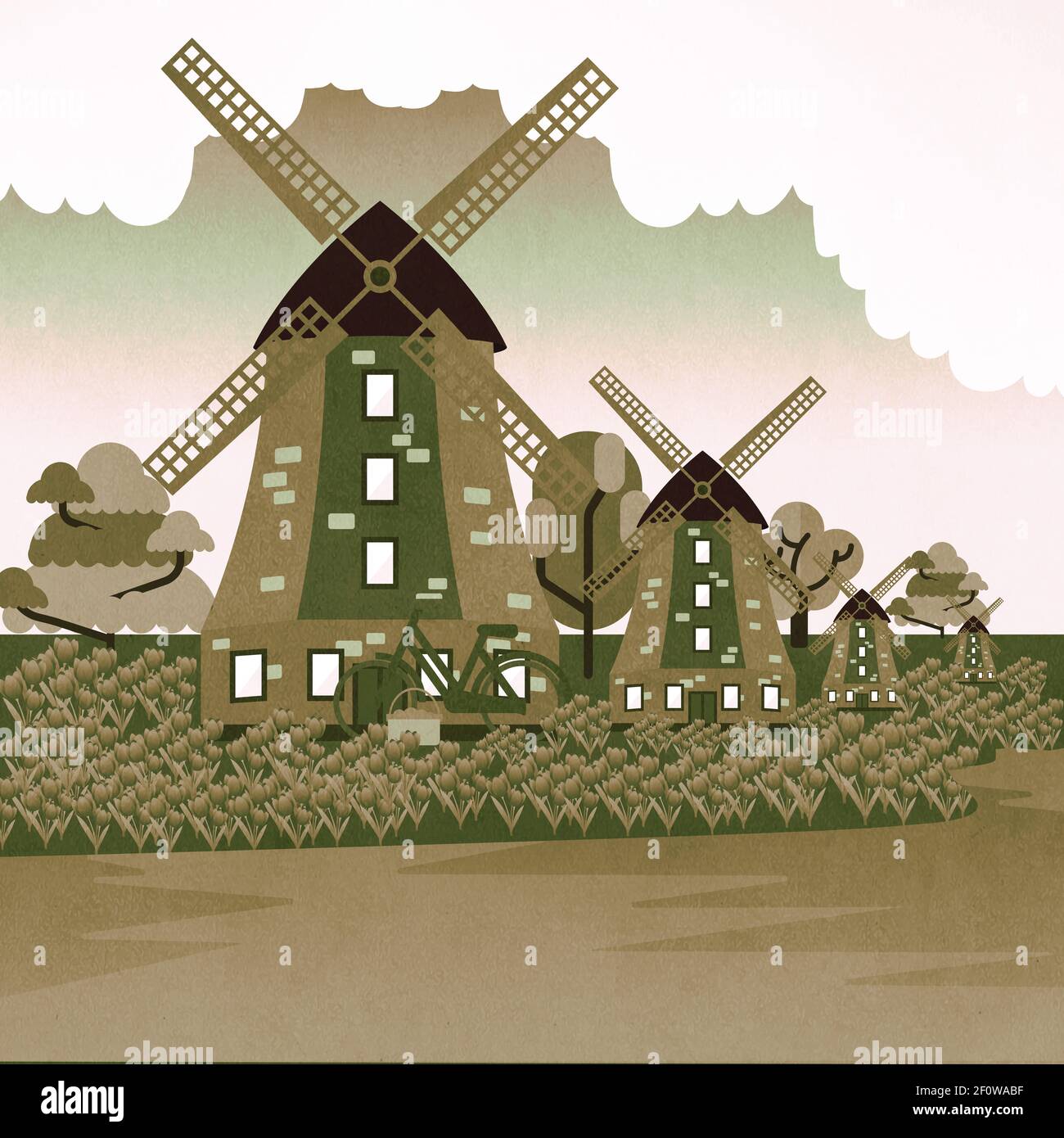 Vector digital illustration of an agricultural landscape with a flour ...