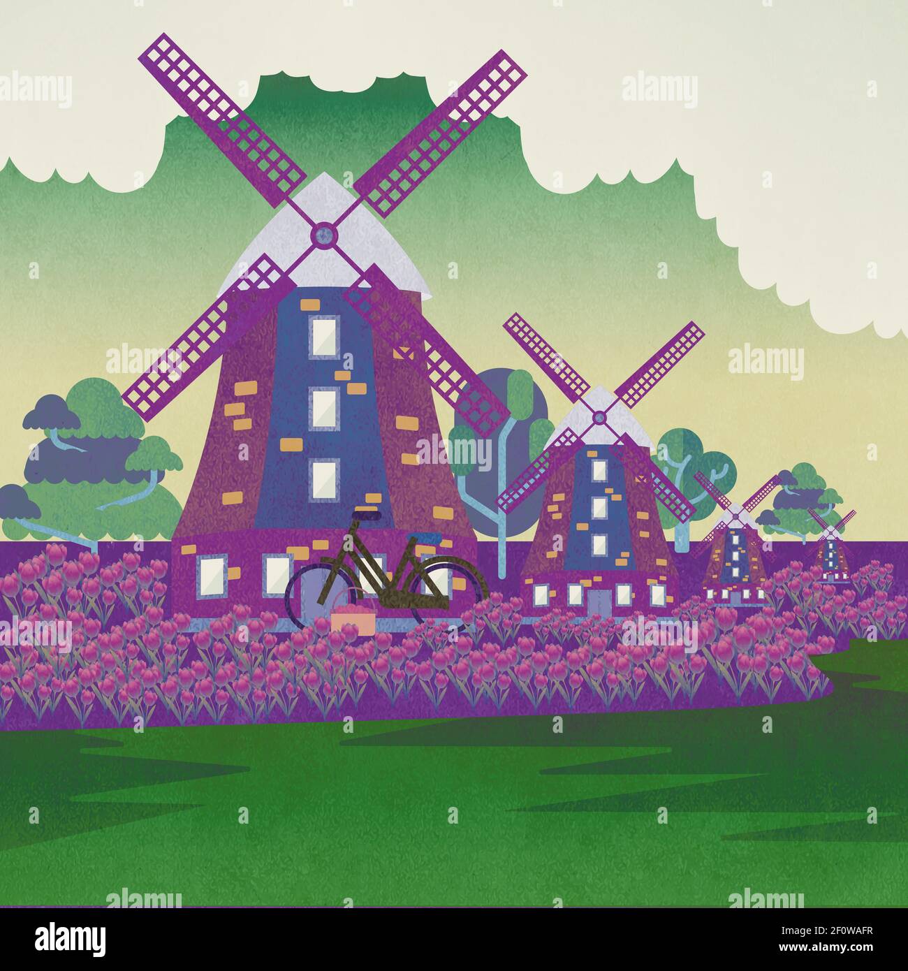 Vector digital illustration of an agricultural landscape with a flour ...