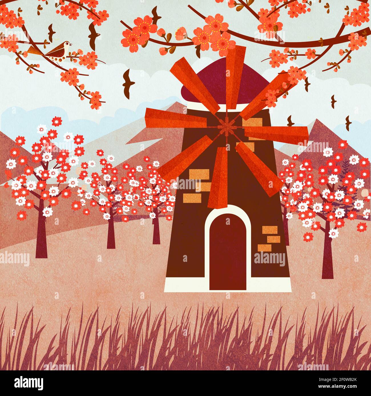 Vector digital illustration of an agricultural landscape with a flour ...