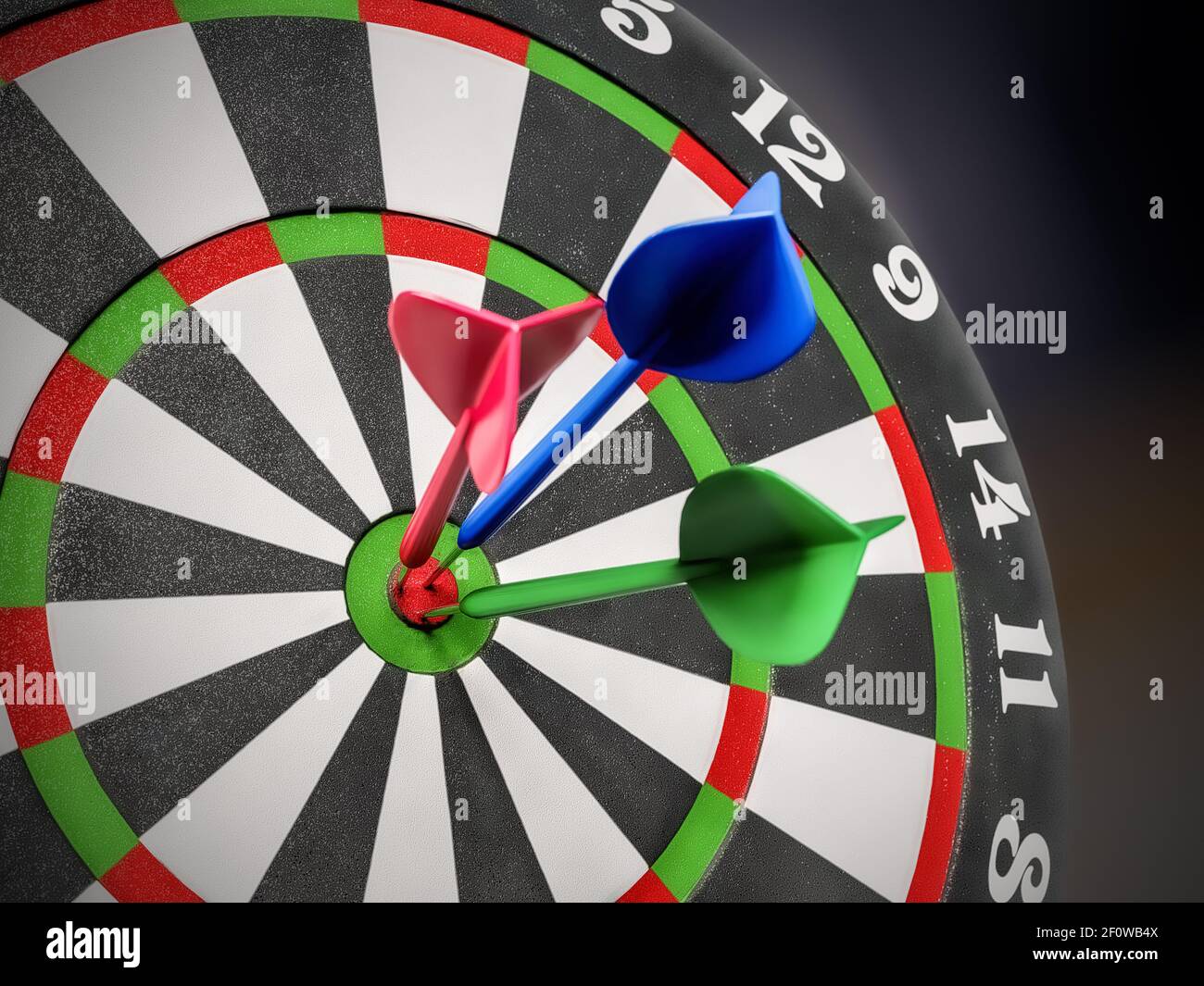Closeup of dart board with three darts hit in the center Stock Photo ...