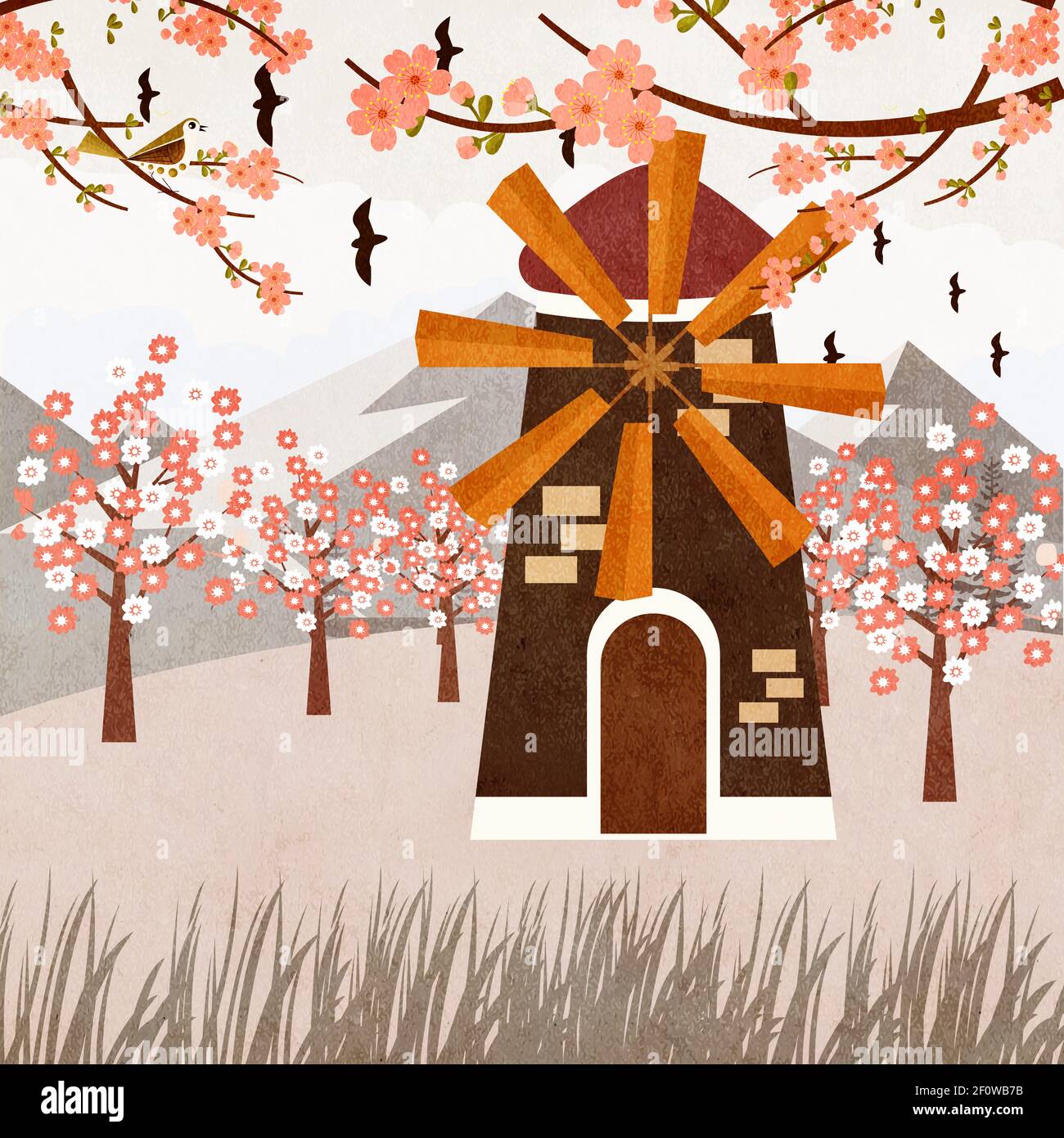 Vector digital illustration of an agricultural landscape with a flour ...