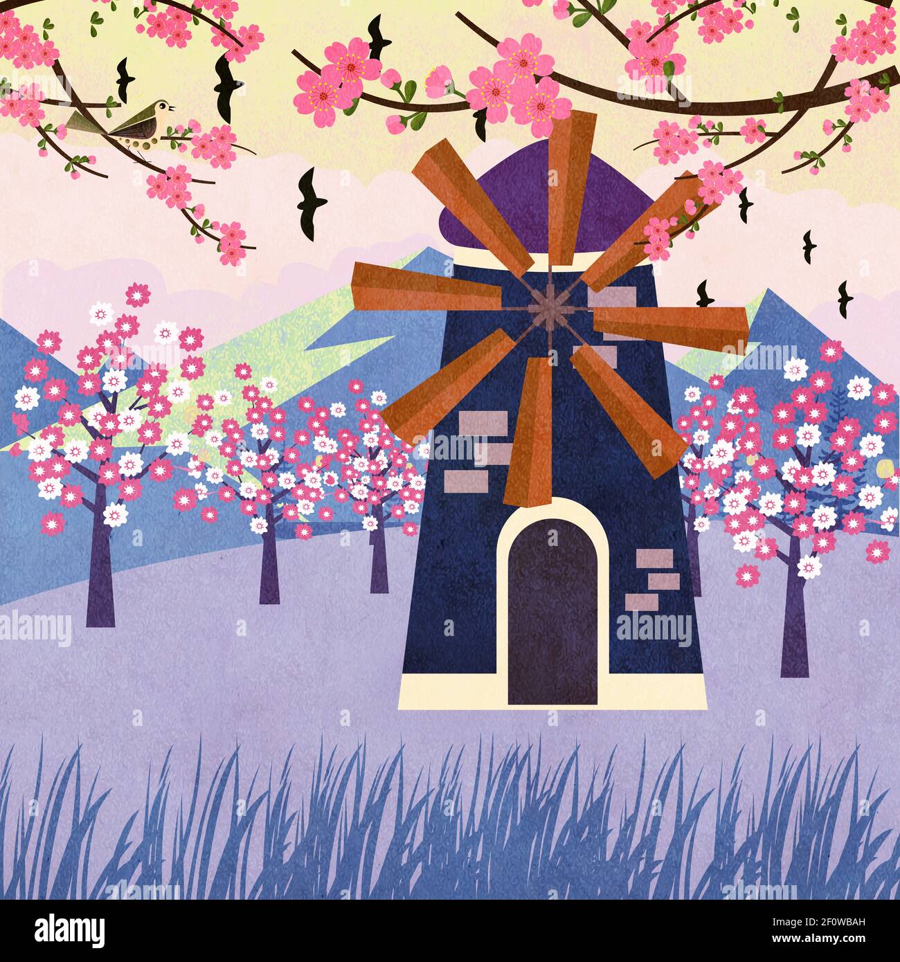 Vector digital illustration of an agricultural landscape with a flour ...