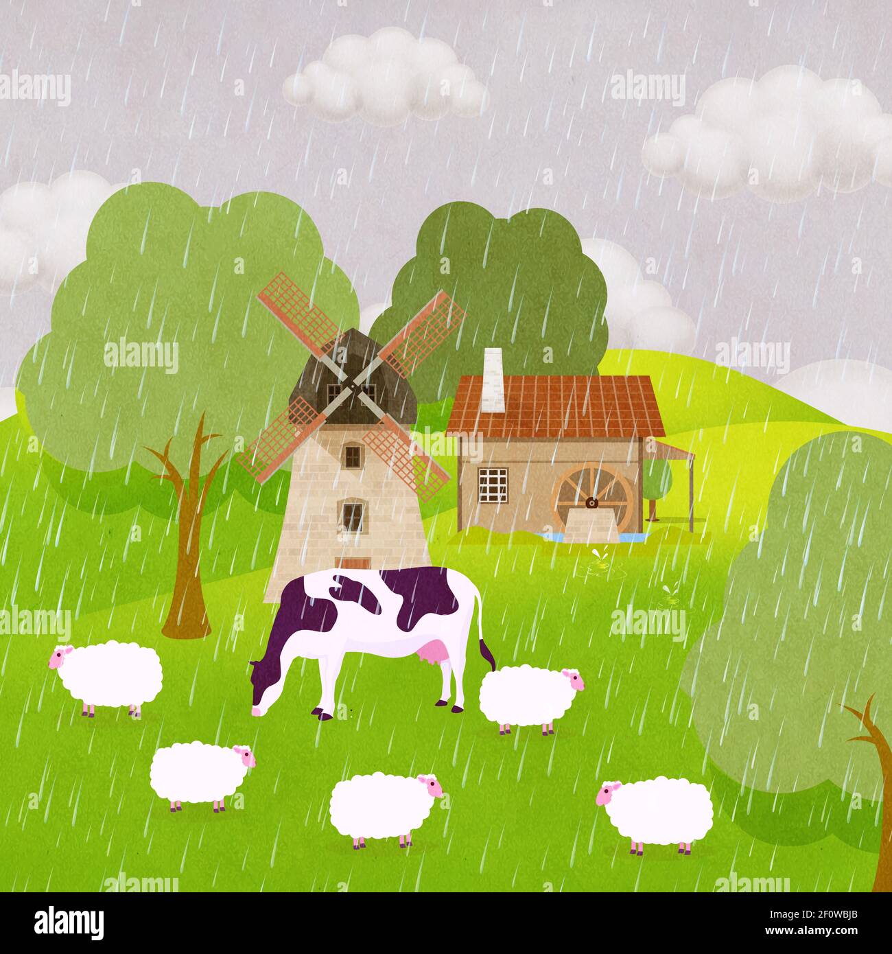 Vector digital illustration of an agricultural landscape with a flour ...