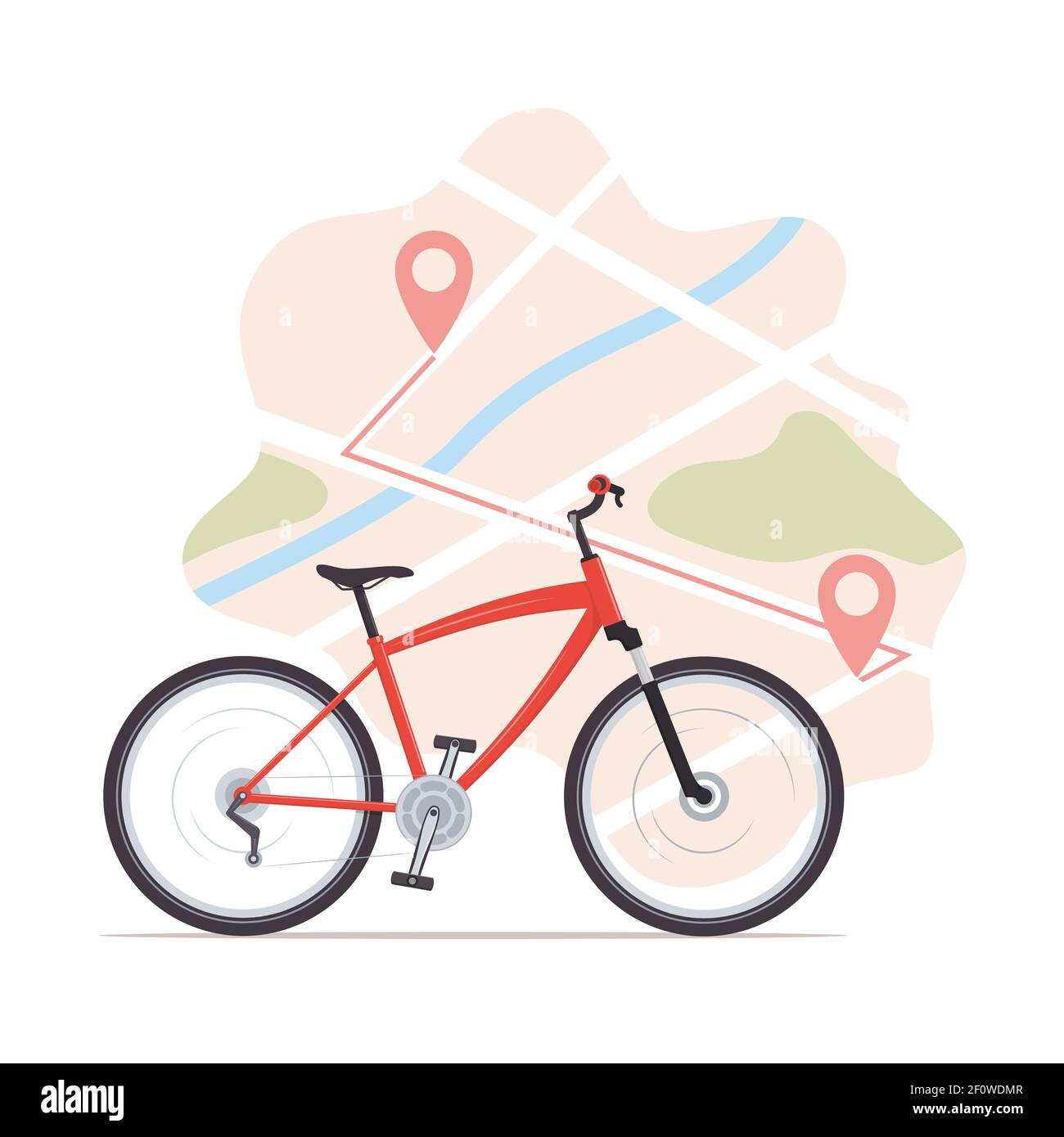 Bike, map with start and finish markers. Bicycle rental, bike sharing ...