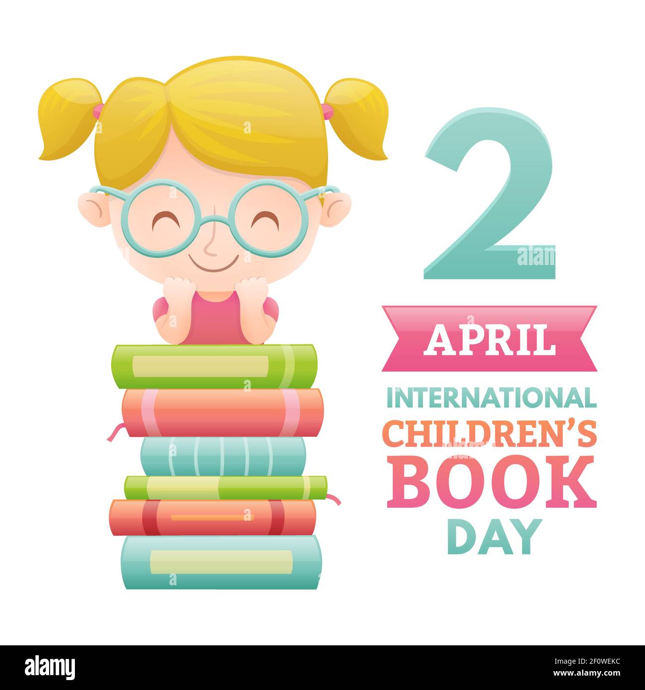 International Children's book day poster. Cute girl with a pile of ...
