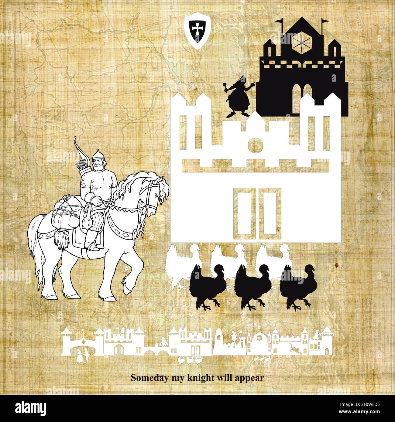 Digital graphic depicting a knight, dragon, a princess, castle. The ...