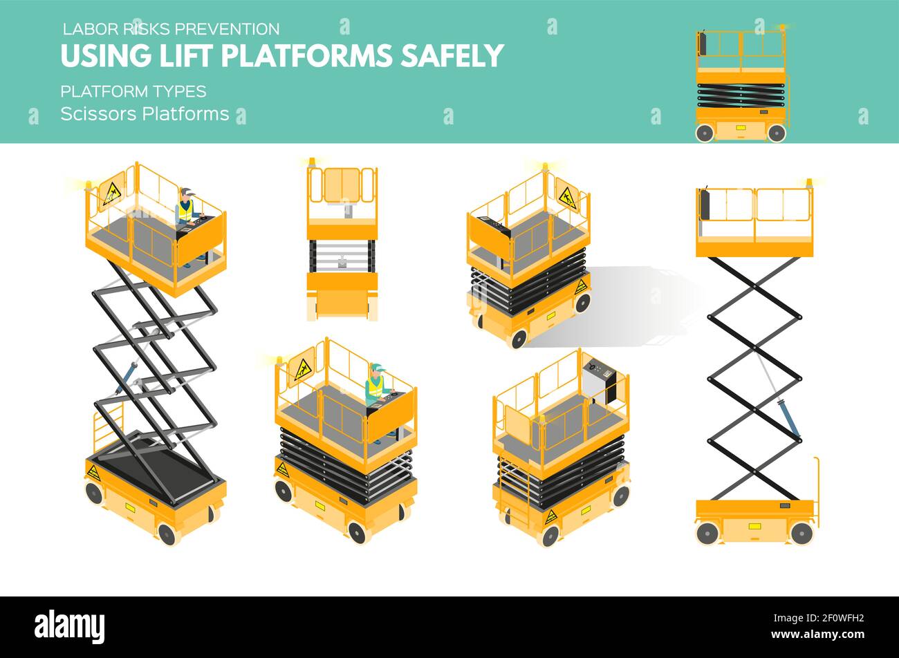 Isometric white isolated lift platforms labor risk prevention ...
