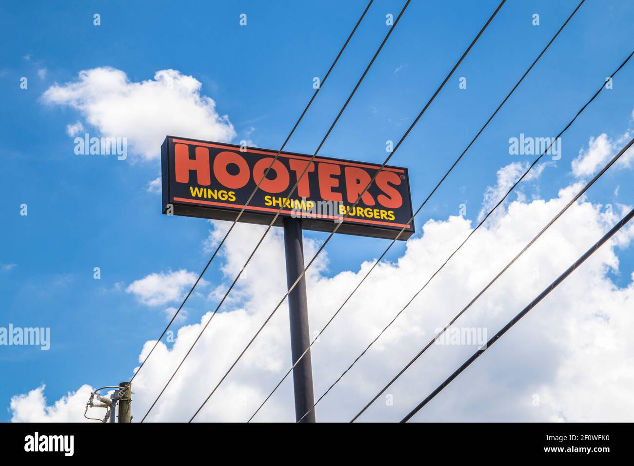 Conyers, Ga / USA - 07 27 20: View of Hooters sky street sign with ...