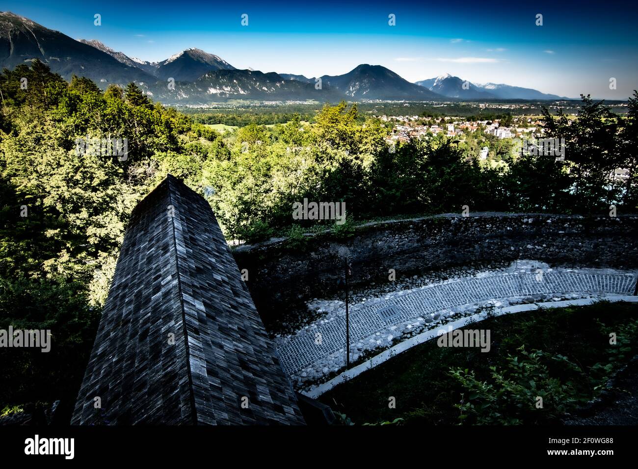 Bled castle - Blejski grad - mountain panorama above the main gate ...