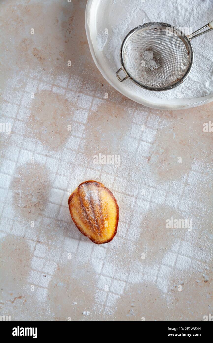 Top down view of a pattern of madeleine cakes in icing sugar with one ...
