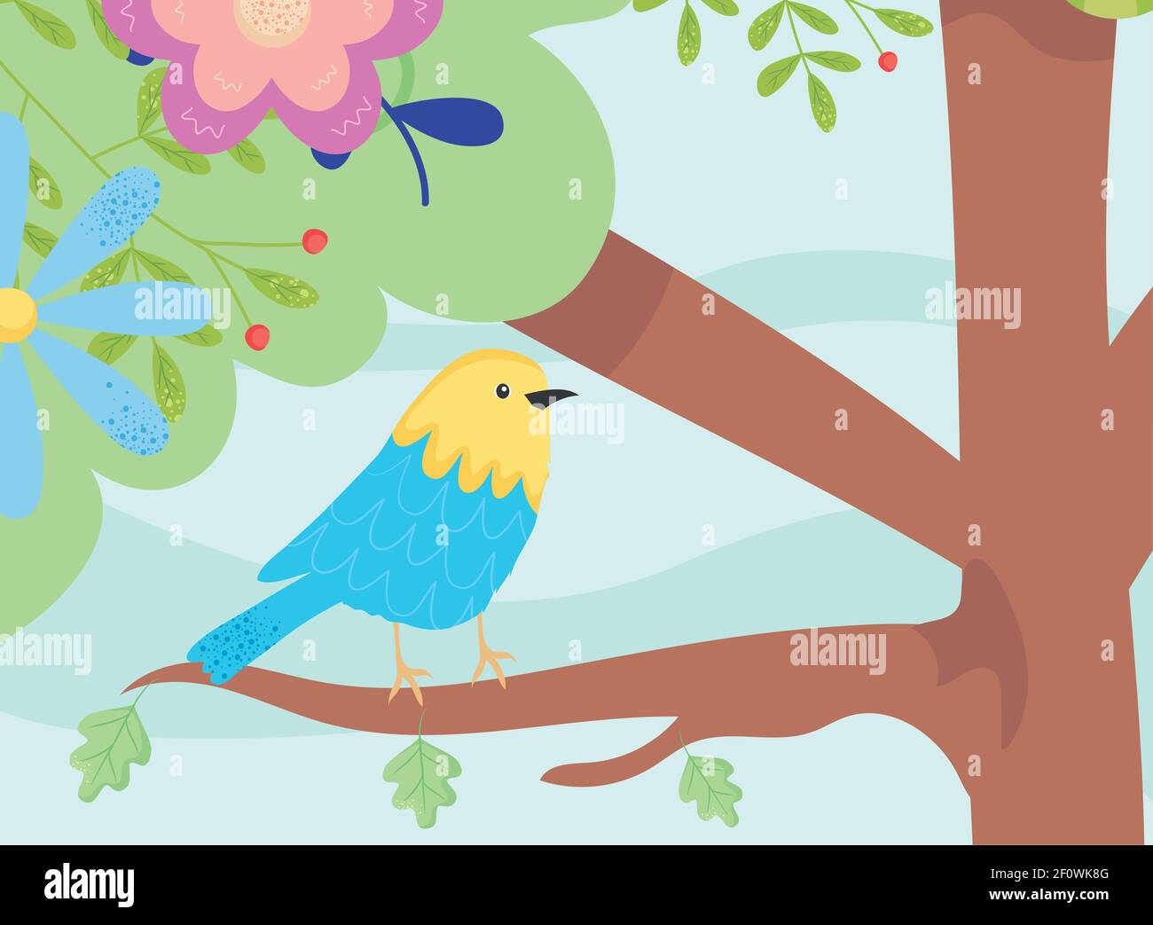 Spring bird on tree design, Season natural floral ornament garden and ...