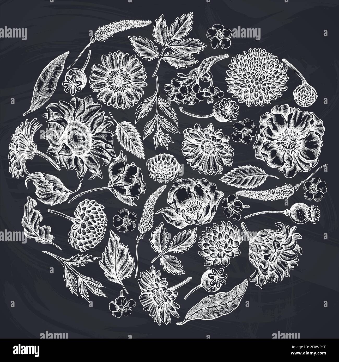 Round floral design with chalk poppy flower, gerbera, sunflower ...