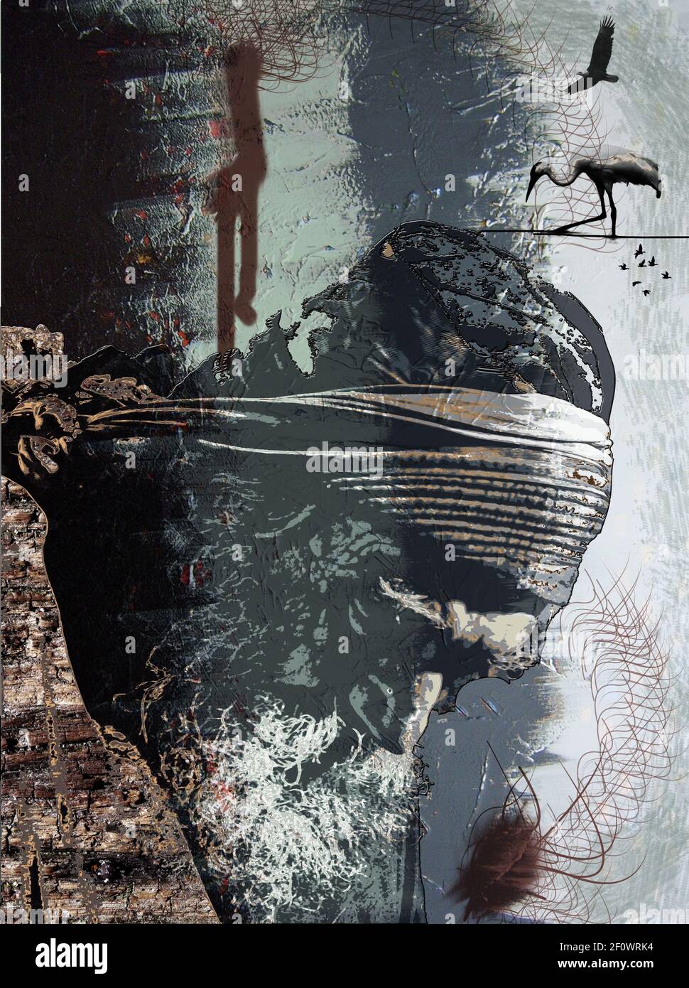 A manual and digital media mix illustration of a portrait of an old man ...