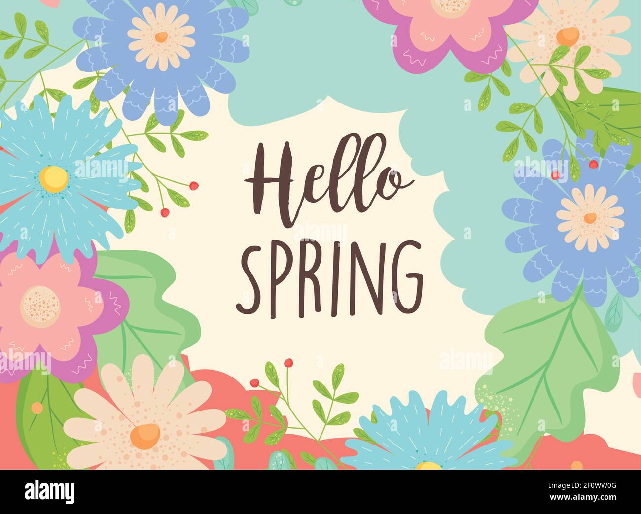 Hello spring with flowers and leaves card design, Season natural floral ...