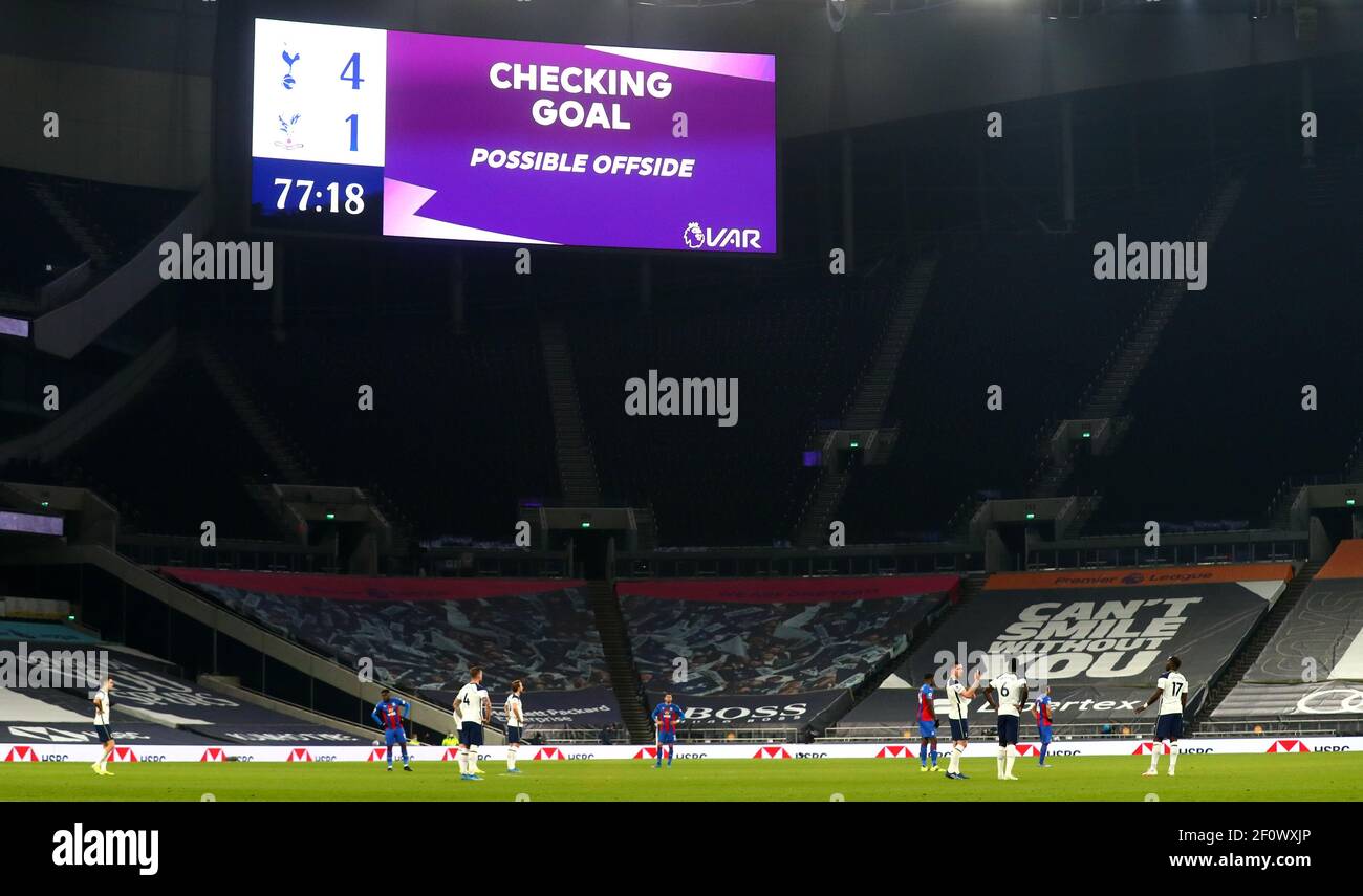 The big screen shows a VAR announcement during the Premier League match ...