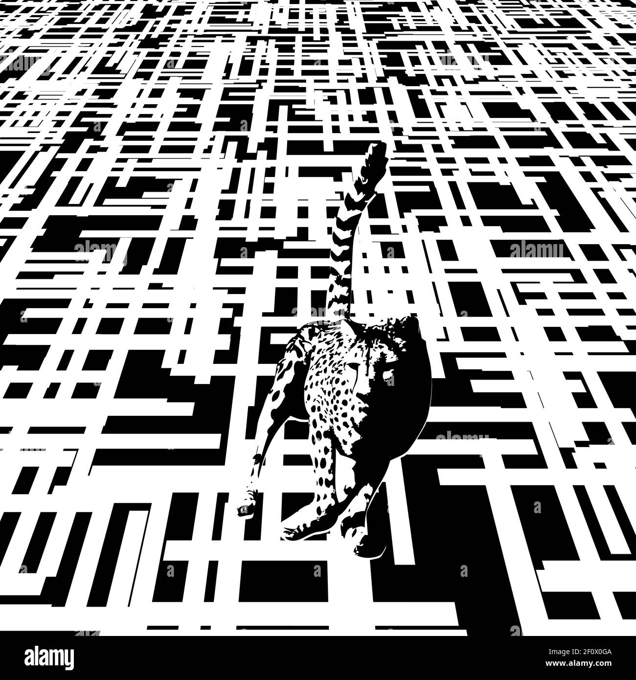 Vector and geometric digital illustration featuring a person, an animal ...