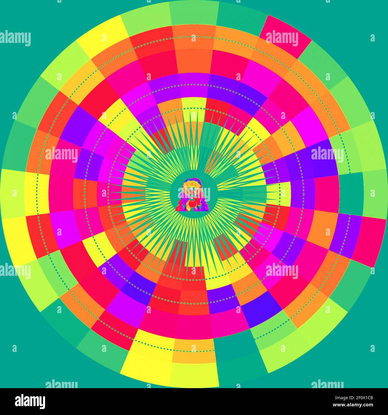 Vector and geometric digital illustration featuring a person, an animal ...