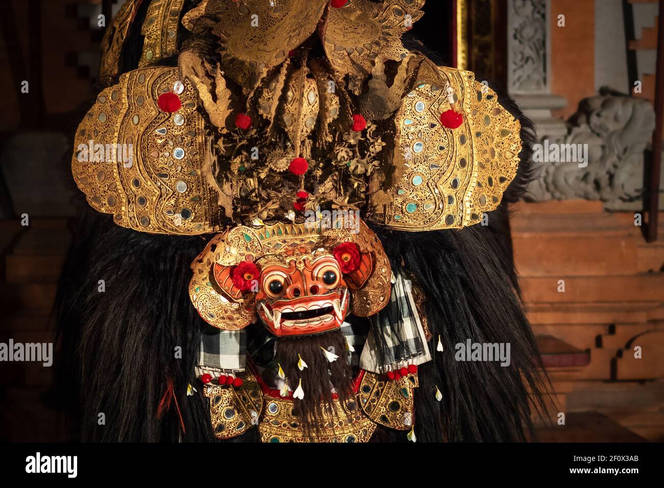 Balinese Barong ritual dance during open air ceremony at Pura Saraswati ...