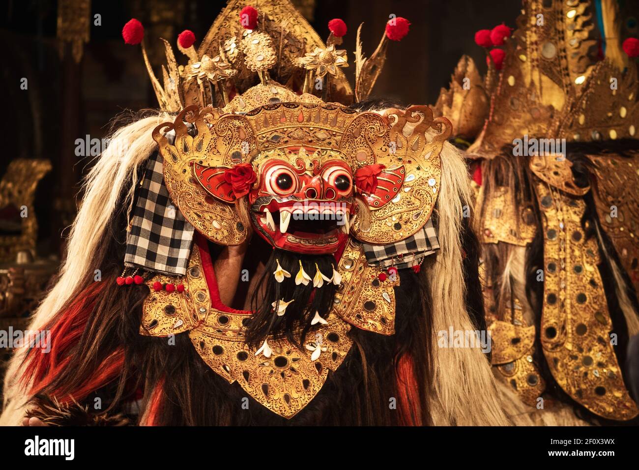 Balinese Barong ritual dance during open air ceremony at Pura Saraswati ...