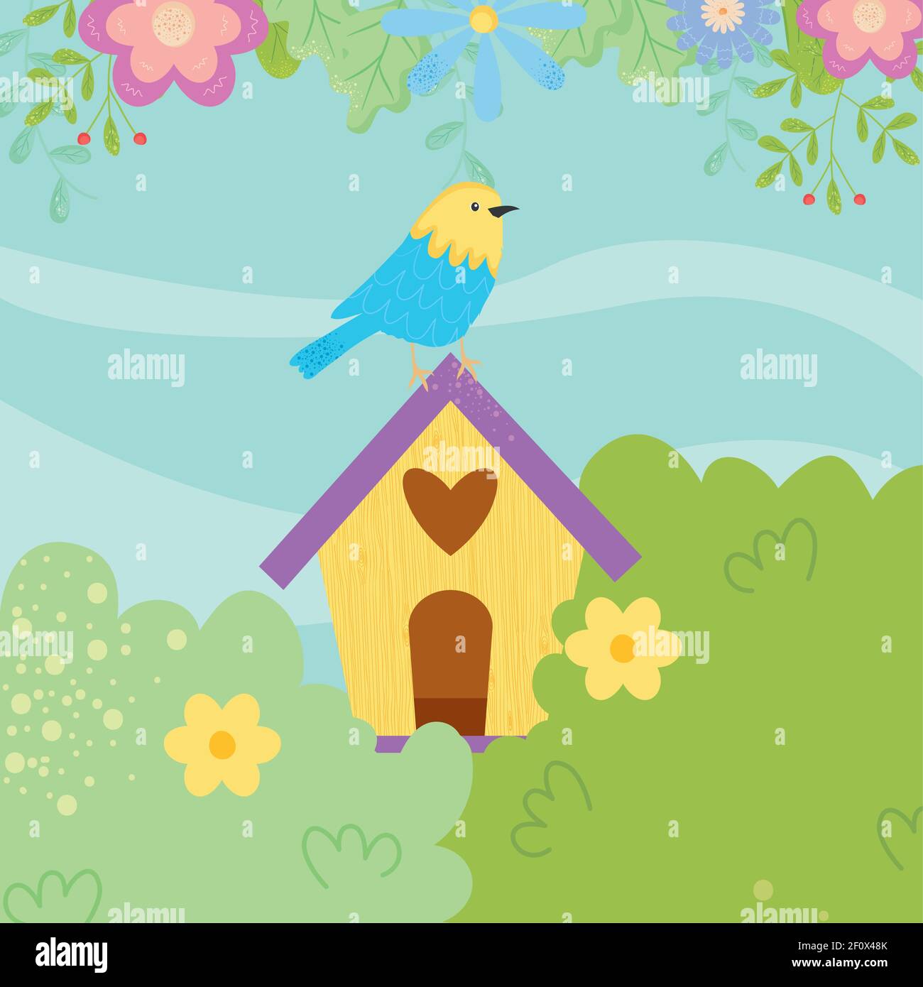 Spring bird on birdshouse design, Season natural floral ornament garden ...
