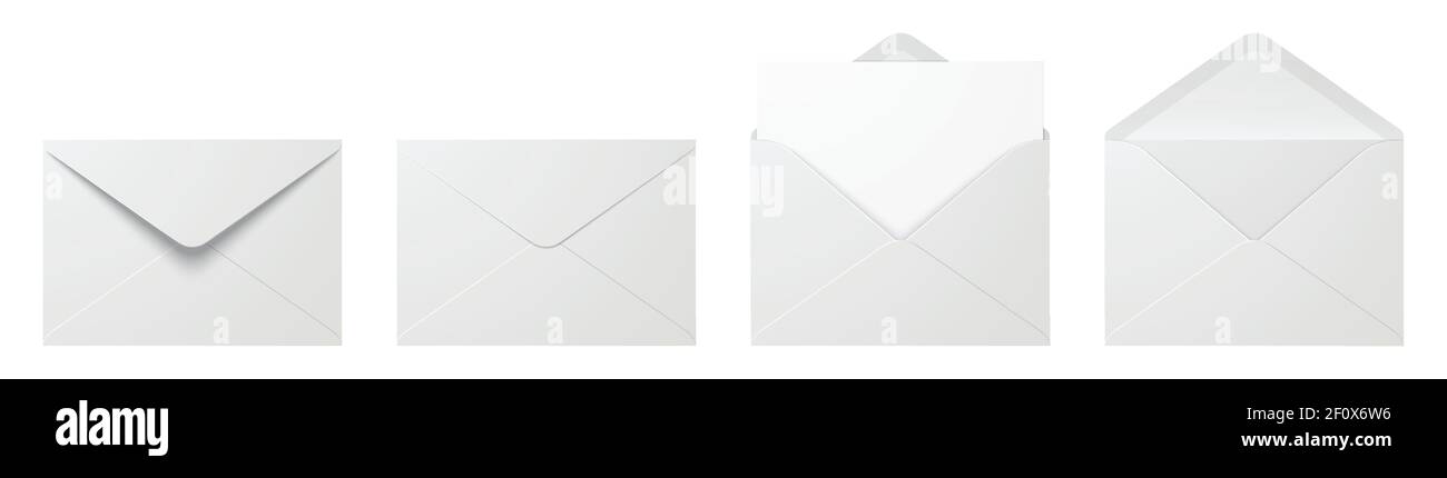 Vector set of realistic white envelopes in different positions. Folded and unfolded envelope ...