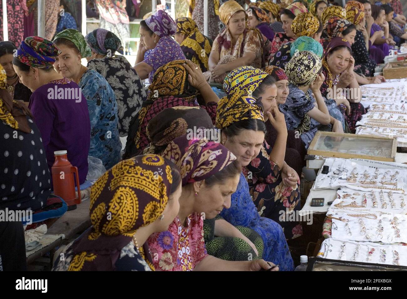 June 2008- Ashgabat, Turkmenistan- Turkmen ladies sell jewelry at the ...