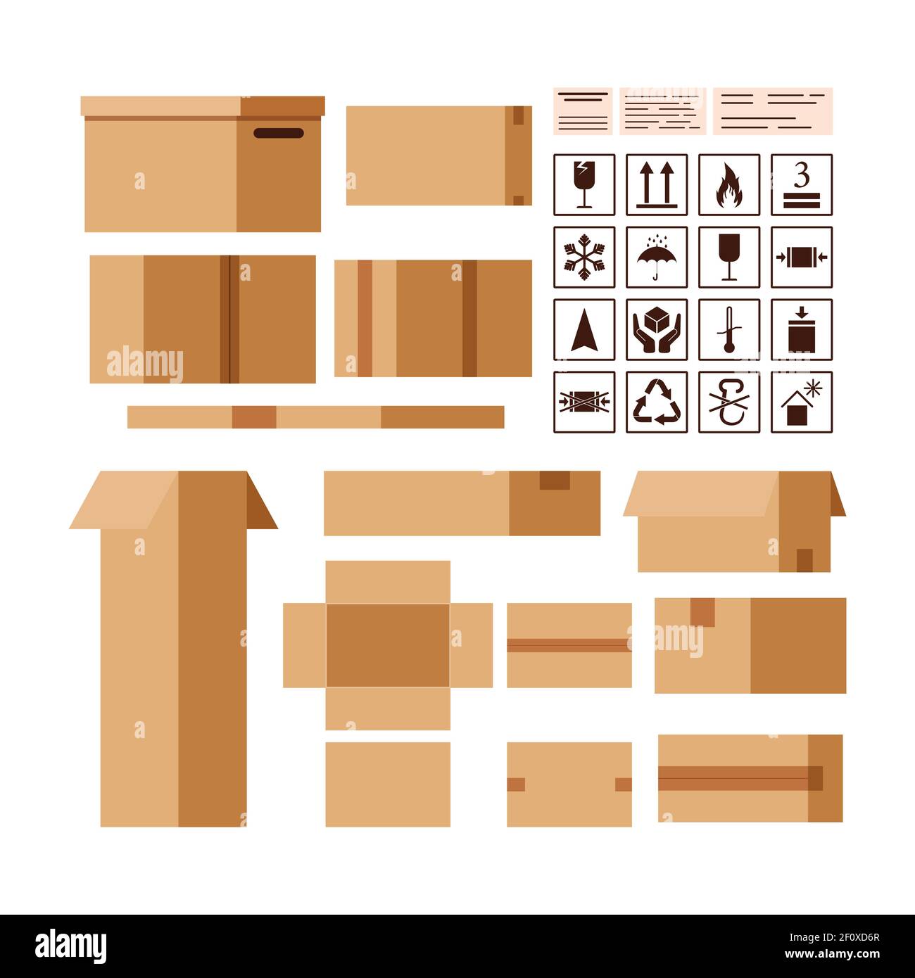 Cardboard parcels box creator with packaging and information sings ...