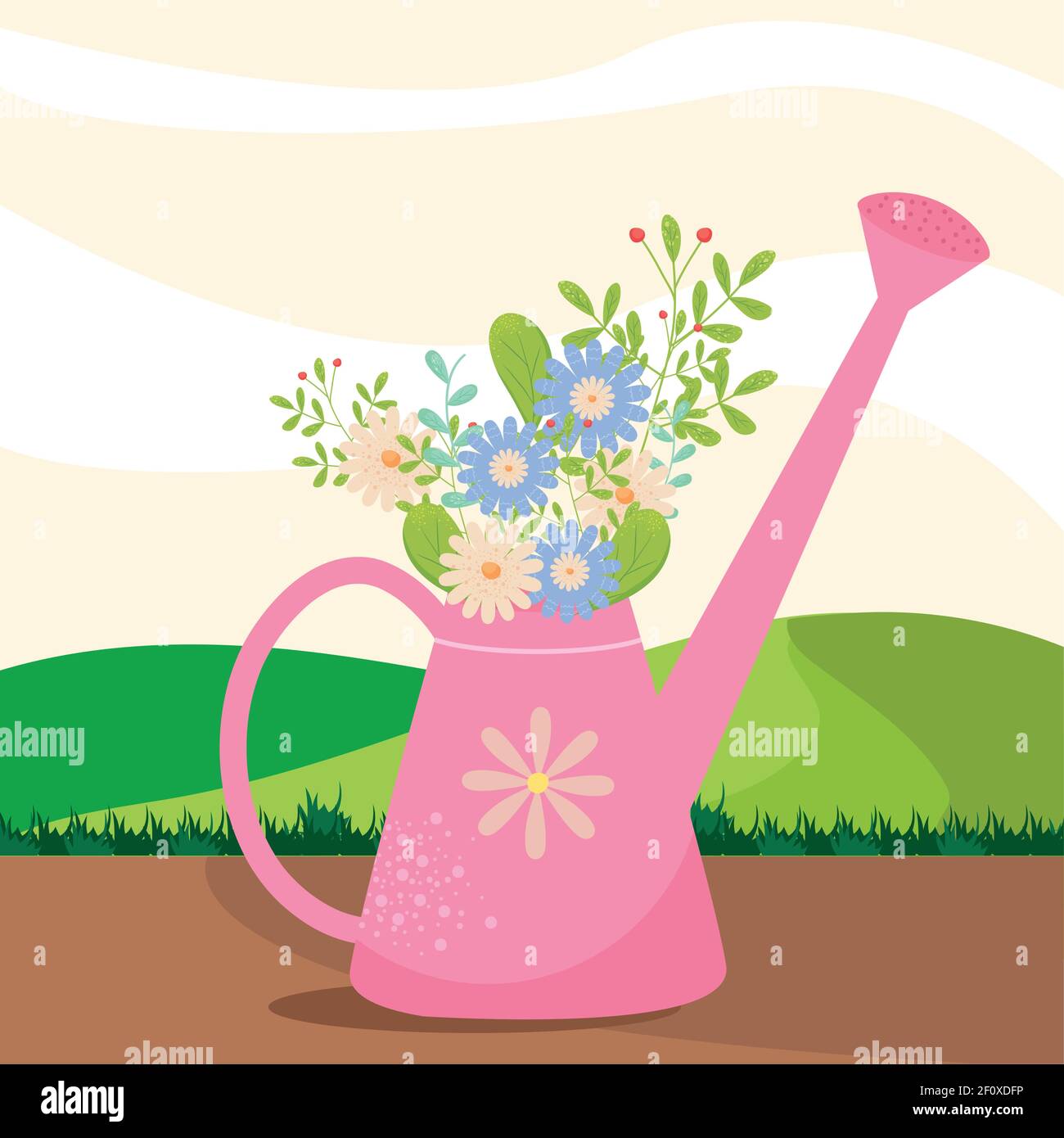 Spring watering can with flowers design, Season natural floral ornament ...