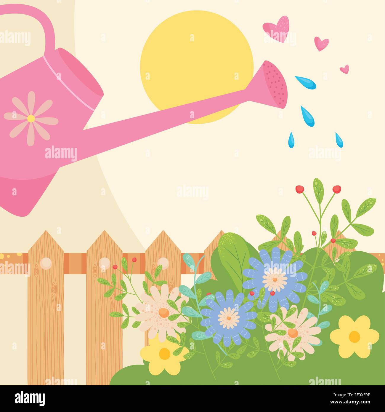 Spring watering can with flowers and fence design, Season natural ...