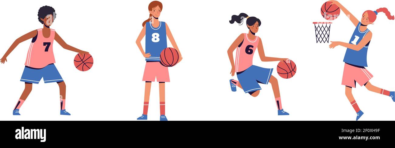 Vector set with beautiful women who go in for sports, play basketball ...
