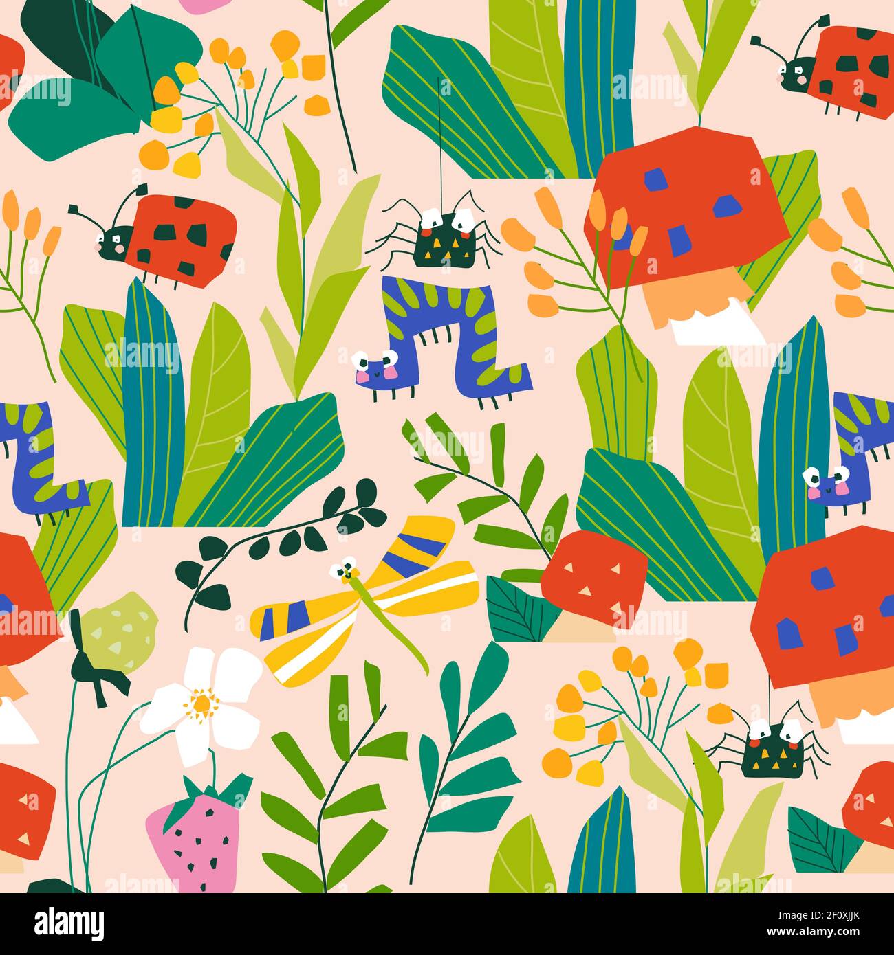 Seamless pattern with insects in summer plants and flowers on white ...