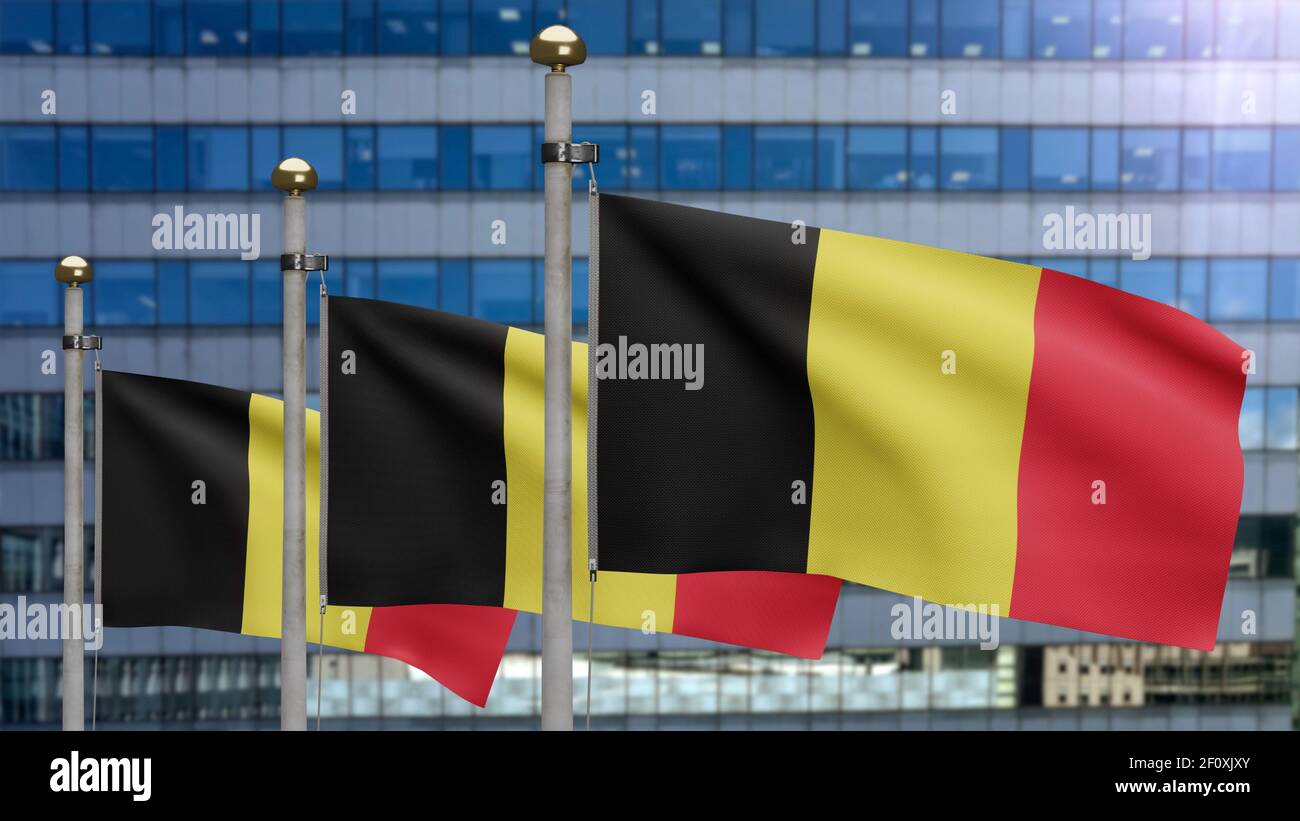 3D illustration Belgian flag waving a modern skyscraper city. Beautiful ...