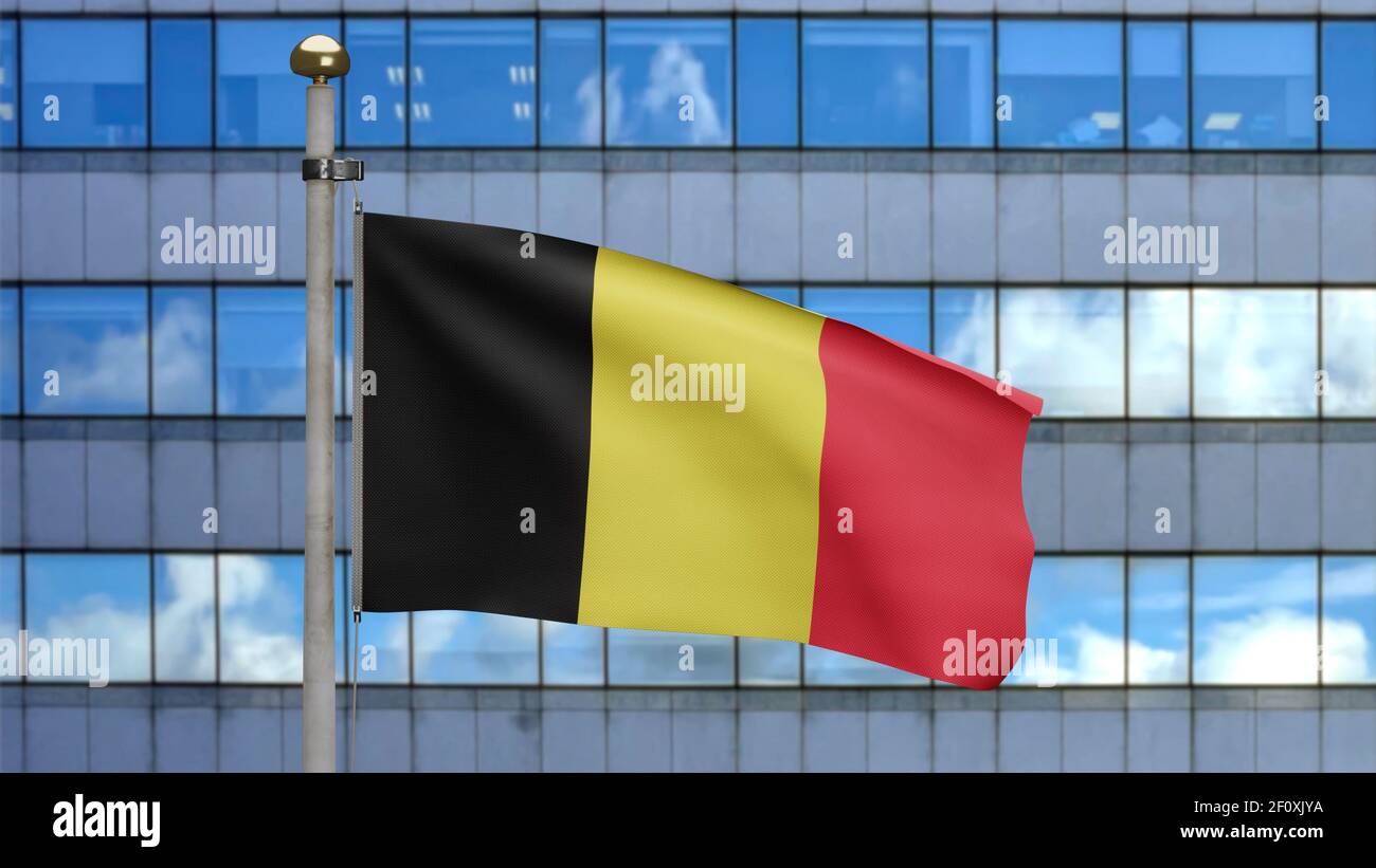 3D illustration Belgian flag waving a modern skyscraper city. Beautiful ...