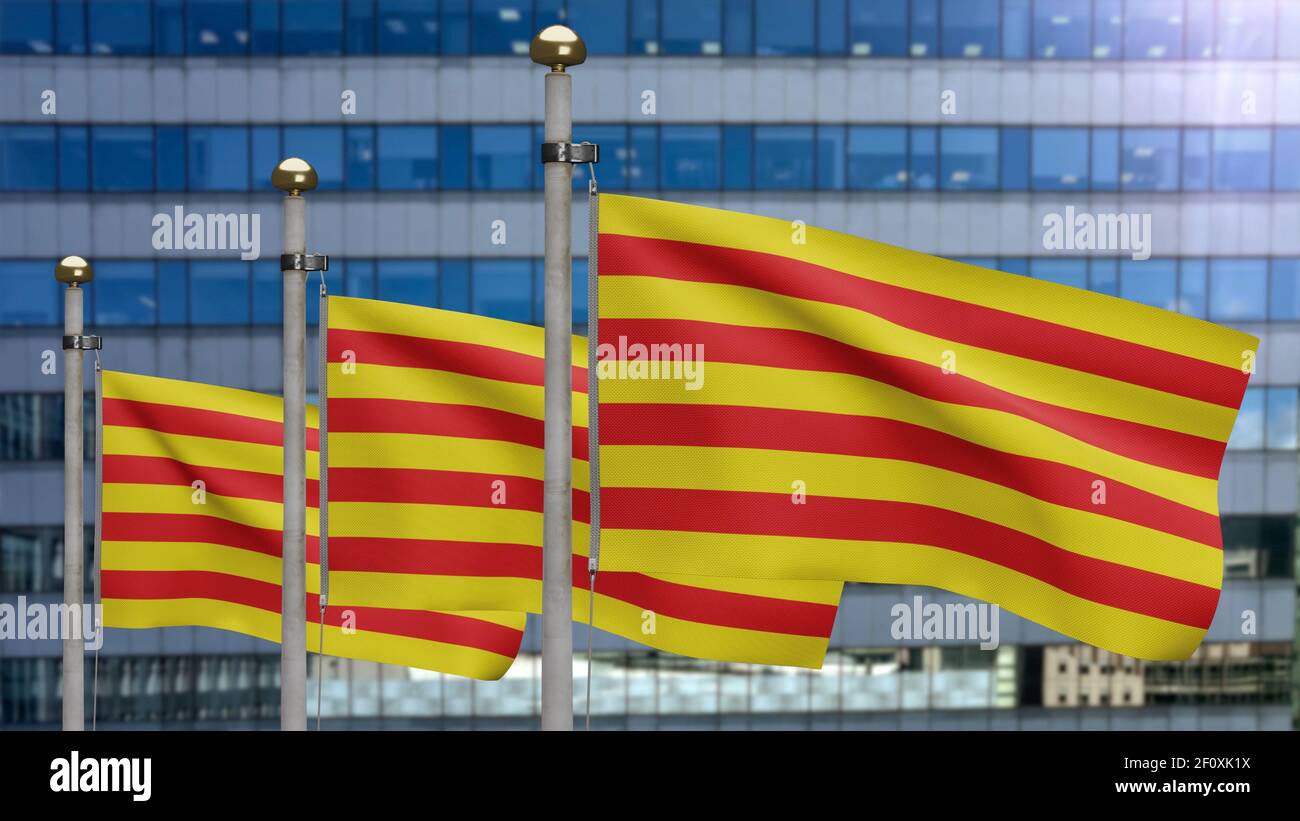 3D illustration Catalonia independent flag waving in modern skyscraper ...