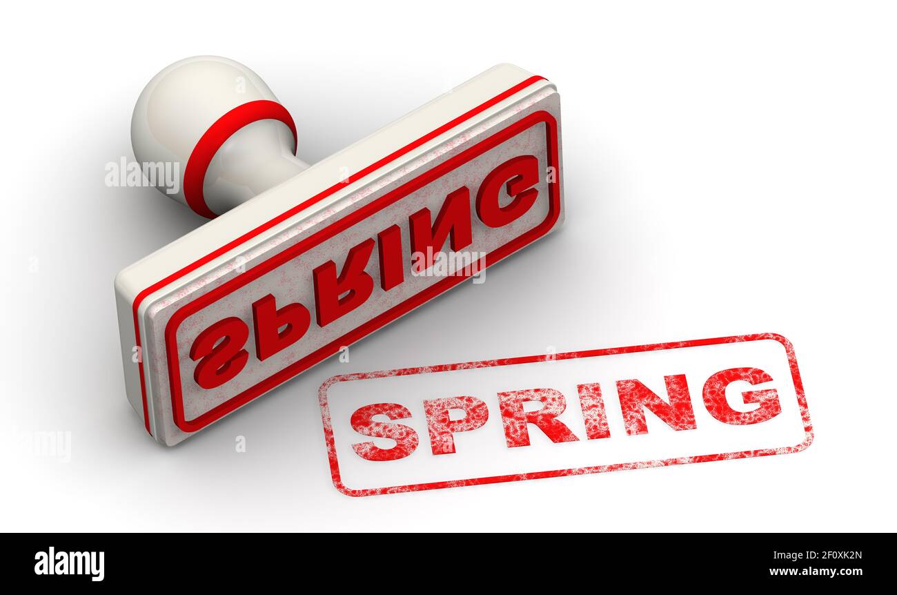Spring. The stamp and an imprint. White stamp and red imprint SPRING on ...