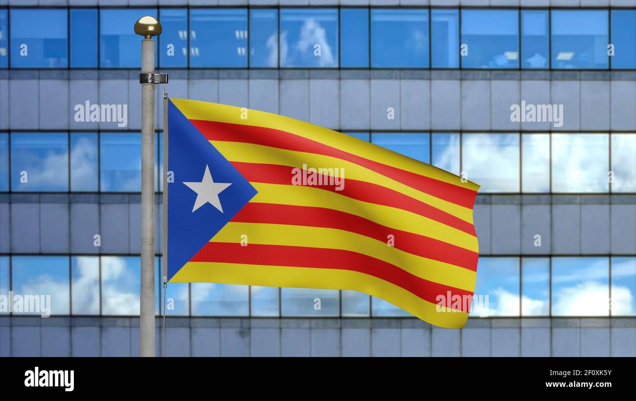 3D illustration Catalonia independent flag waving in modern skyscraper ...