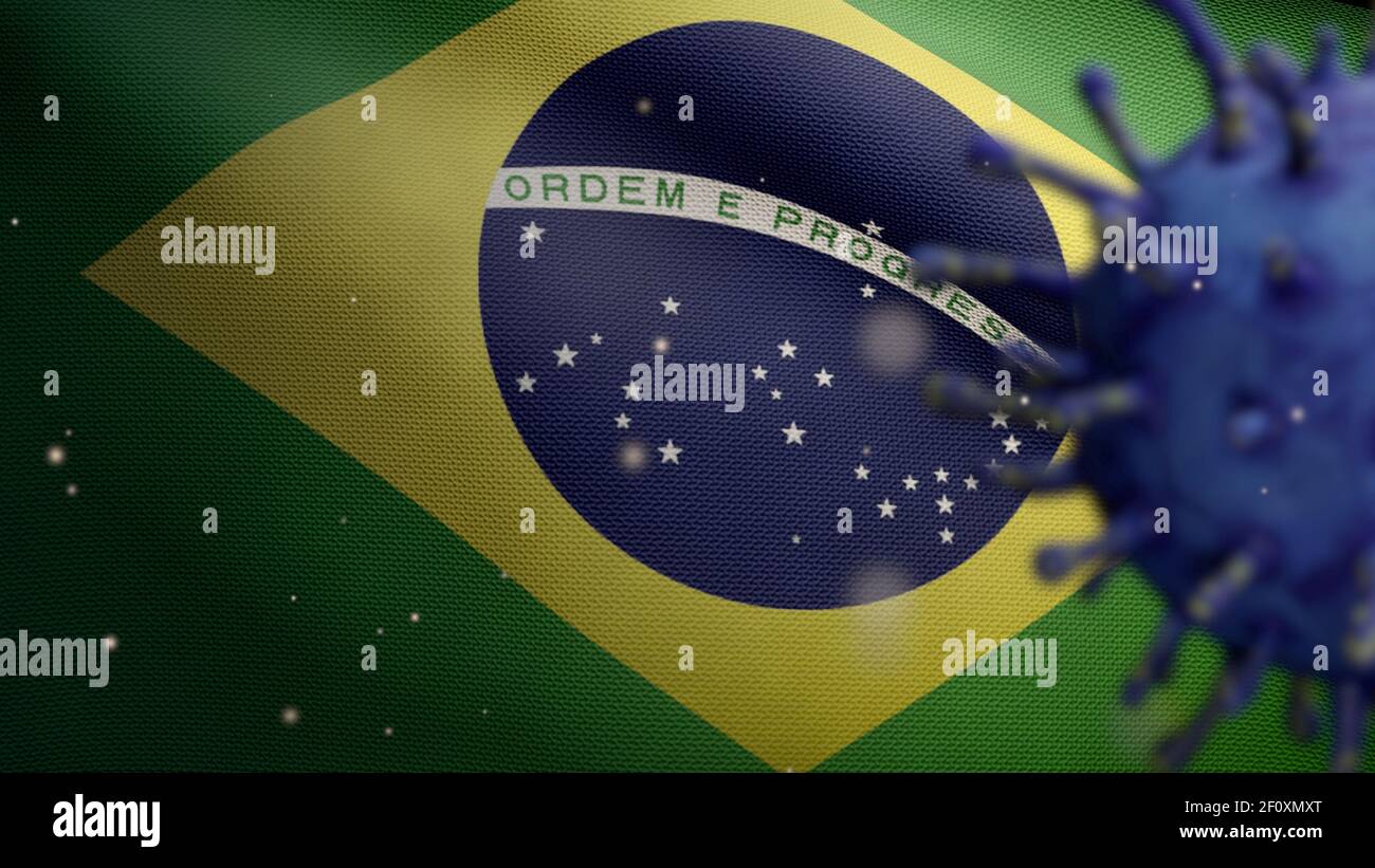 3D illustration Flu coronavirus over Brazilian flag, pathogen attacks ...