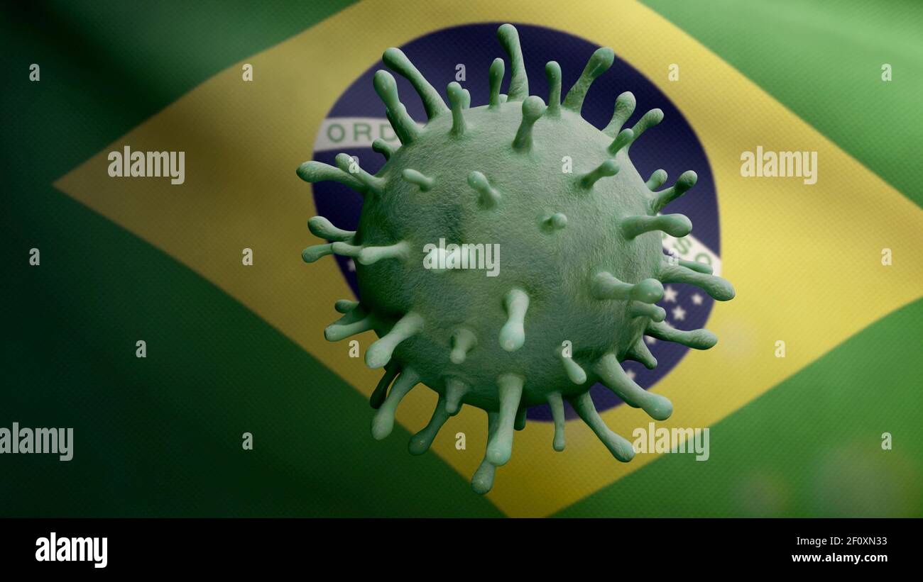 3D illustration Flu coronavirus over Brazilian flag, pathogen attacks ...