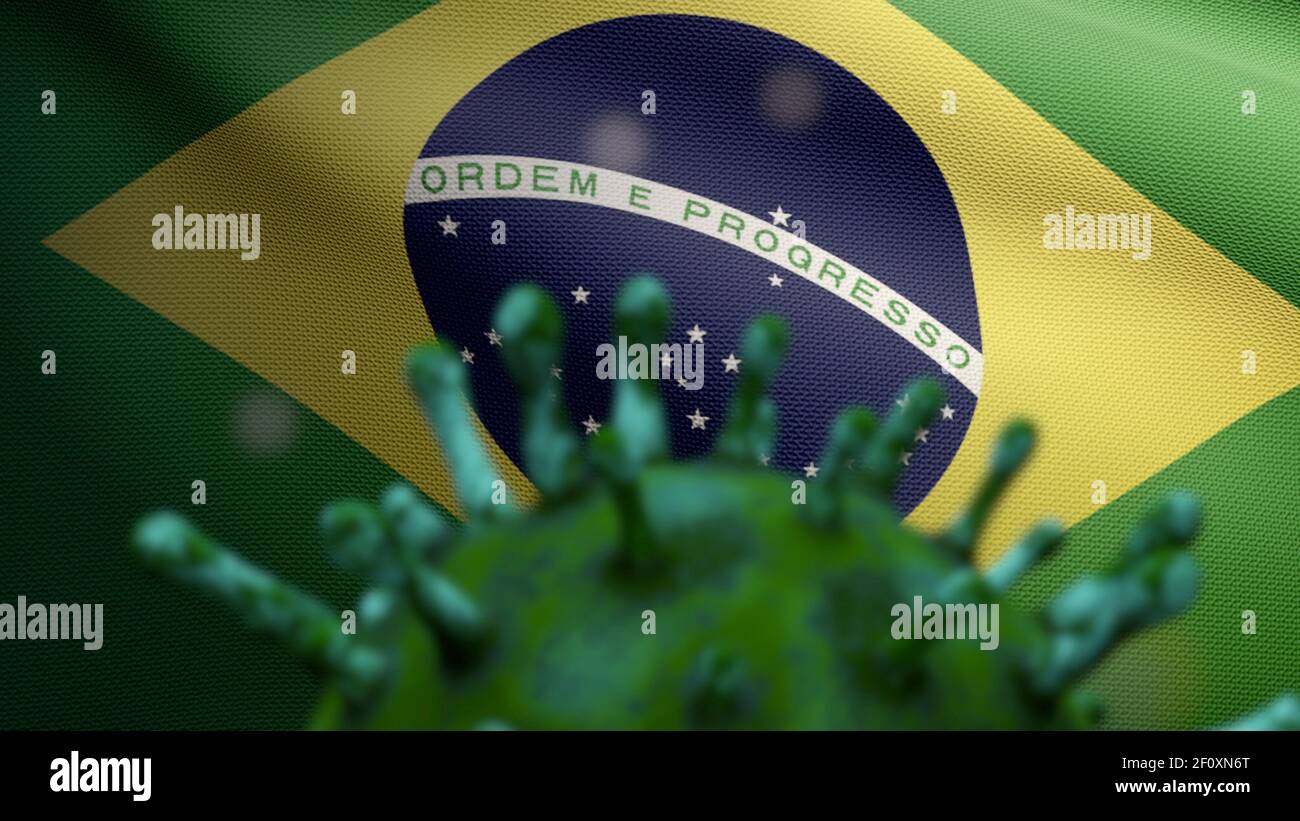3D illustration Flu coronavirus over Brazilian flag, pathogen attacks ...