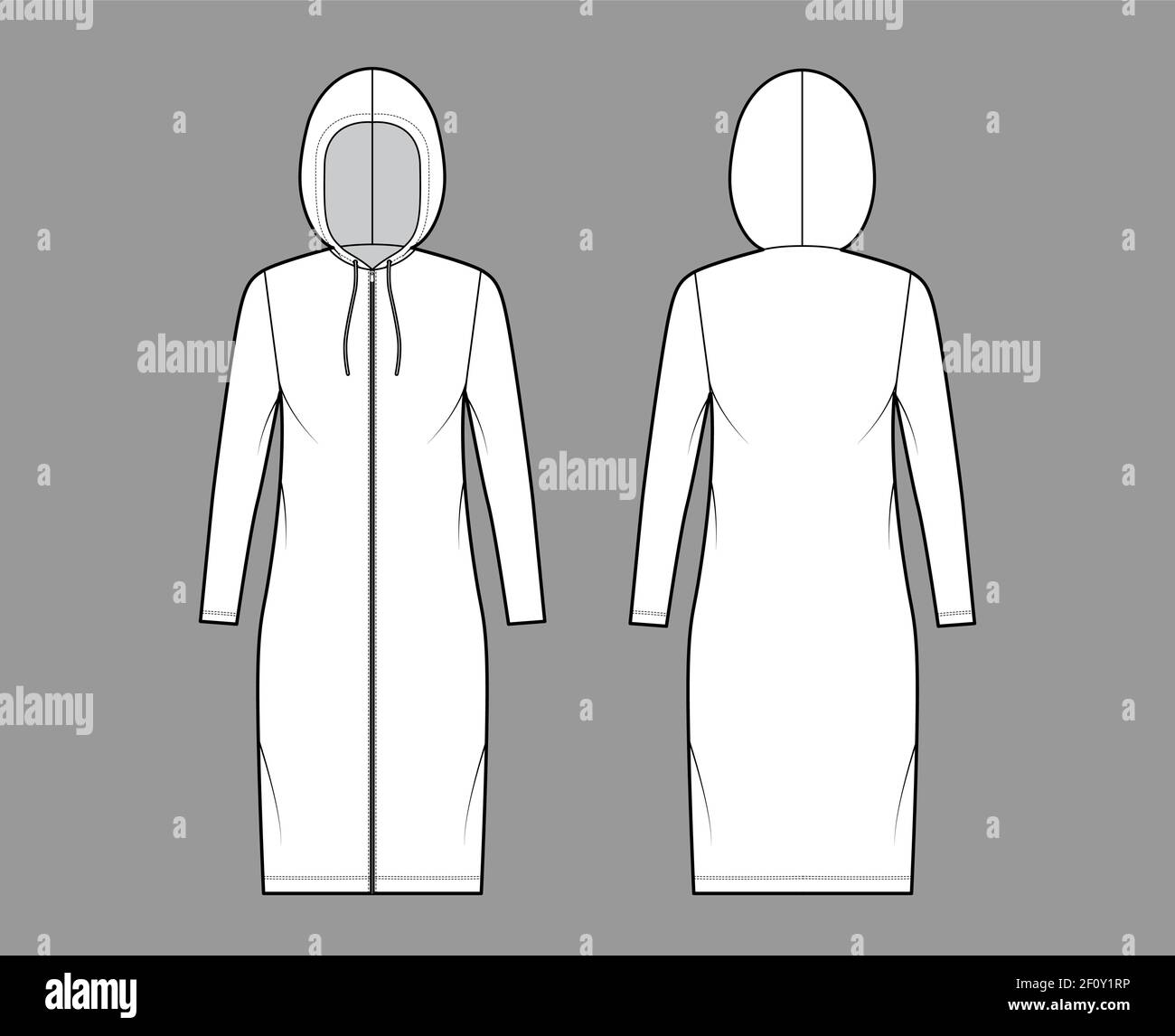 Zip-up Hoody dress technical fashion illustration with long sleeves ...