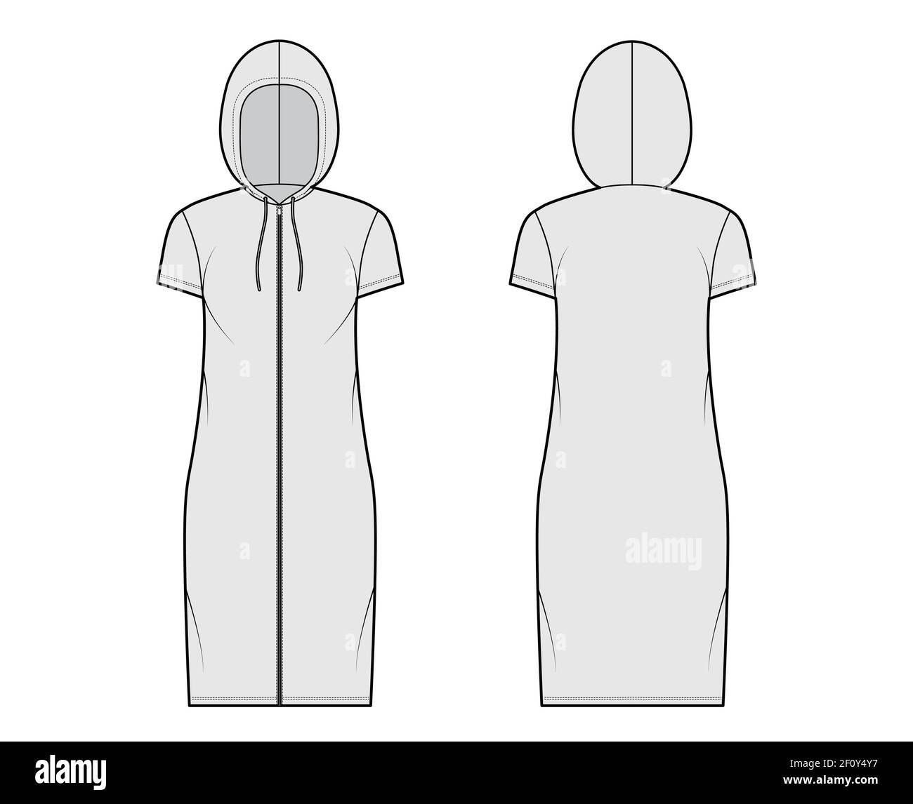 Zip-up Hoody dress technical fashion illustration with short sleeves ...