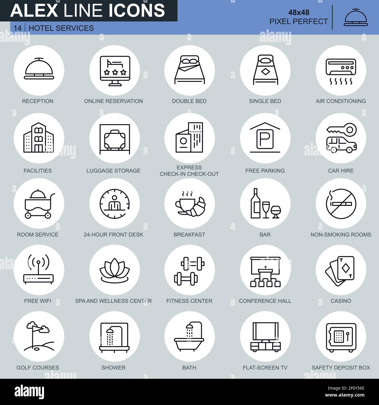 Thin line hotel services and facilities, online booking icons set for ...