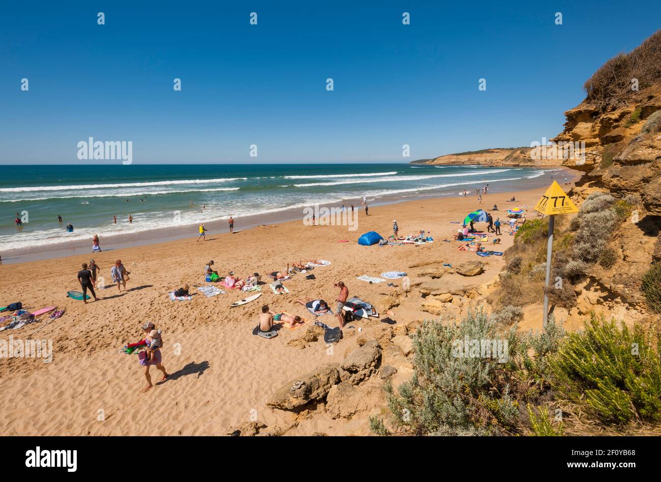 Summer crowd at Jan Juc Beach, Great Ocean Road, Victoria, Australia ...