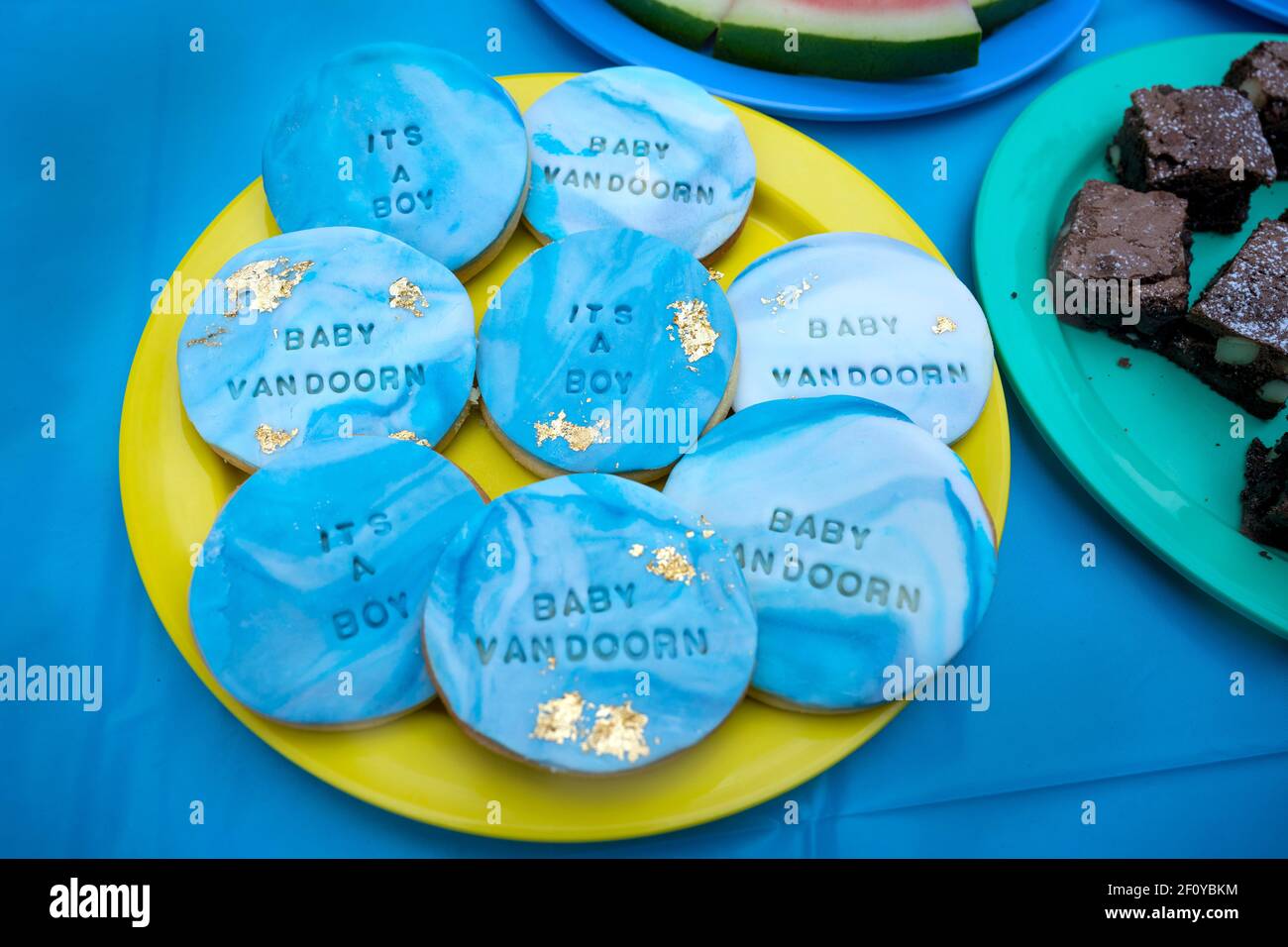 Blue baby shower biscuits Stock Photo - Alamy