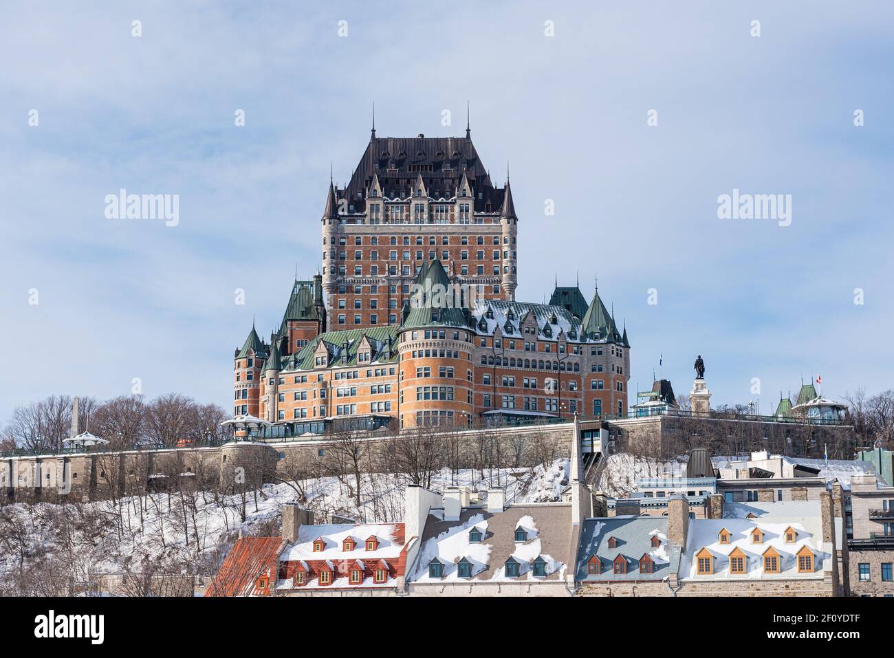 Winter view of the Frontenac castle in the old Quebec city Stock Photo ...