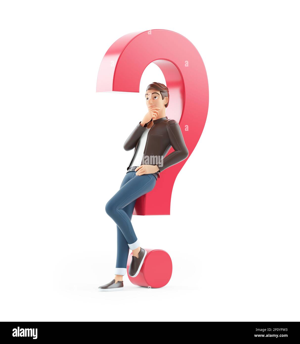 3d cartoon man leaning under question mark Stock Photo - Alamy
